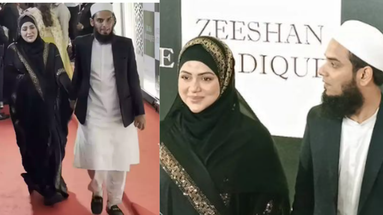 Sana khan at baba siddique iftar party: sana khan and her husband anas ...